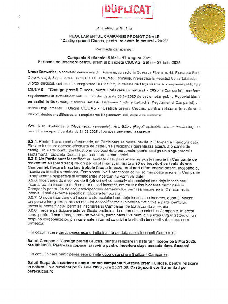 Act Aditional Regulament Ciucas Autentificat Zsna | PDF