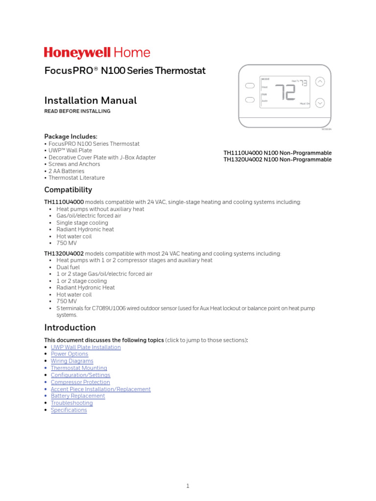 FocusPRO N100 Thermostat Install Guide | PDF | Thermostat | Water Heating