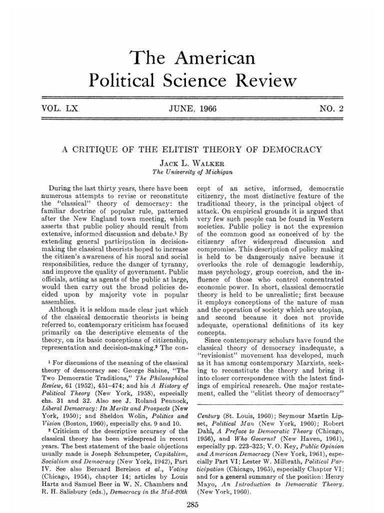 WALKER, A Critique of The Elitist Theory of Democracy | PDF | Social ...
