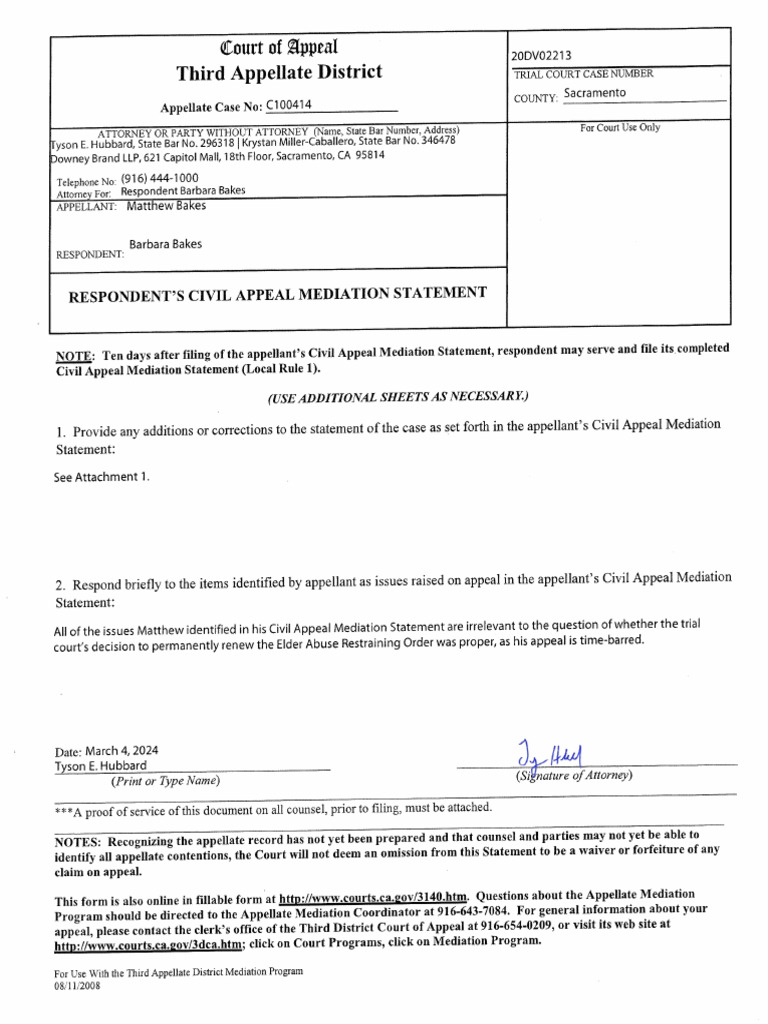 Respondent's Civil Appeal Mediation Statement (Bakes) | PDF | Lawsuit | Appeal