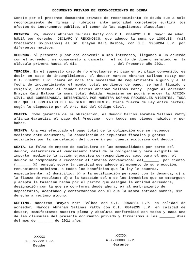Documento Privado de Reconocimiento de Deuda | PDF | Pagos