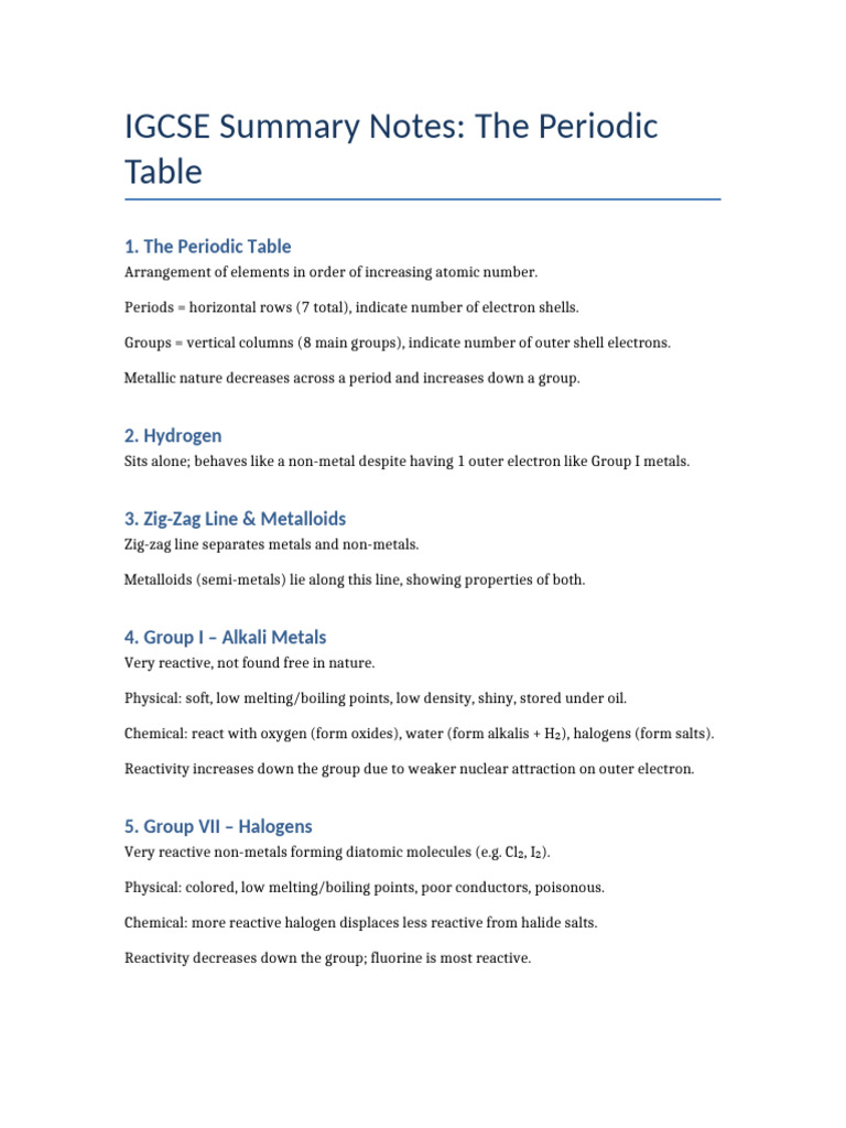 IGCSE Periodic Table Summary | PDF