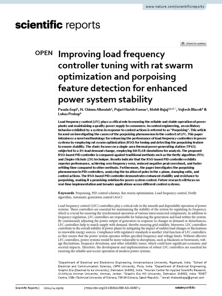Improving Load Frequency Controller Tuning With Rat Swarm Optimization and Porpoising Feature ...