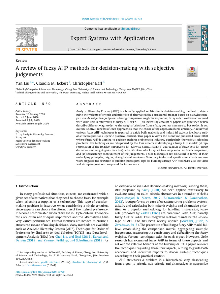A Review of Fuzzy AHP Methods For Decision-Making With Subjective | PDF | Fuzzy Logic | Decision ...