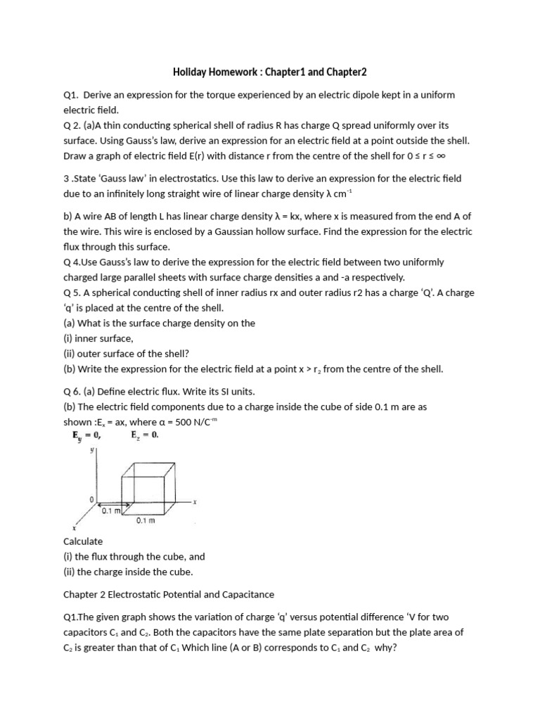 Assignment Chapter 1 Class XII Electric Charge and Field | PDF | Capacitance | Capacitor