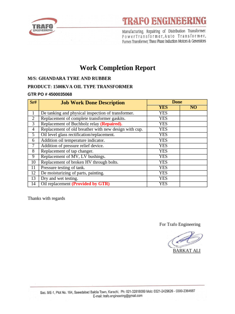 1500KVA Work Completion Report | PDF