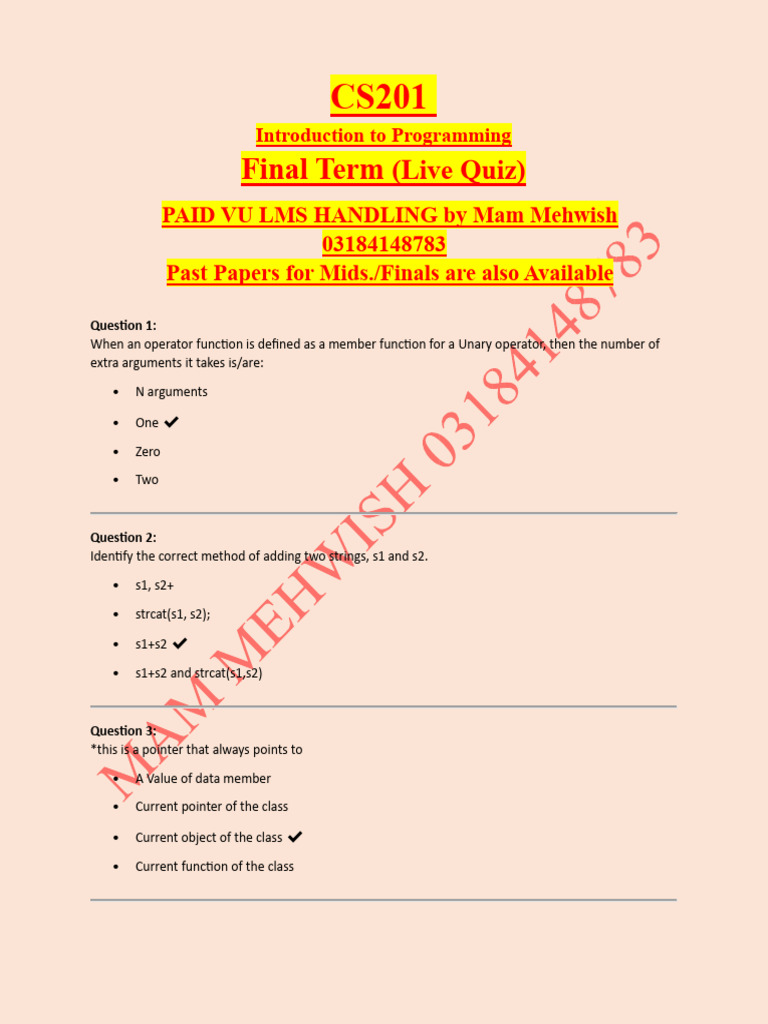 CS201 MCQs Final Mam Mehwish-1 | PDF | Constructor (Object Oriented Programming) | Programming