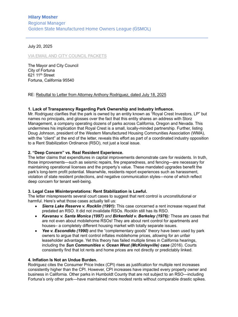 Golden State Manufactured Home Owners League Rebuttal Letter 07202025 ...