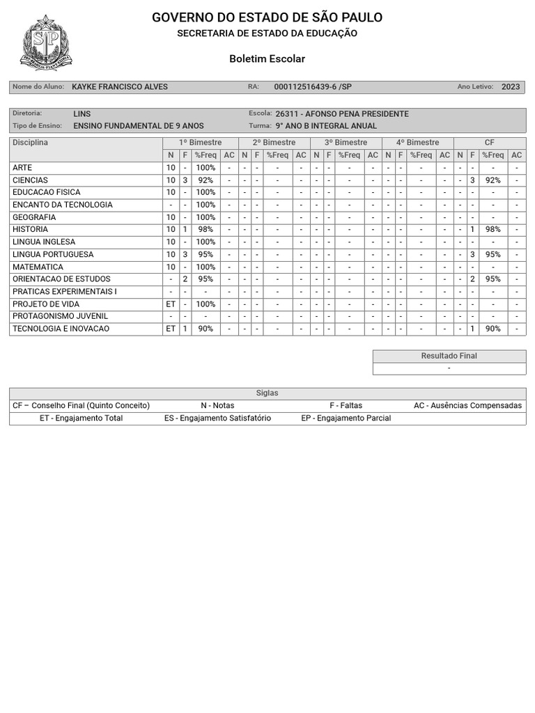 Boletim Escolar 2023 - Kayke Alves | PDF