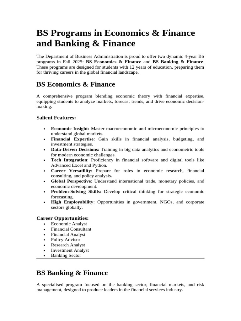 BS Economics & Banking Programs 2025 | PDF | Financial Analyst | Economics