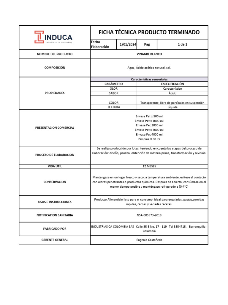 Fichas Técnicas Vinagre | PDF | Vinagre | Ciencia de los Alimentos