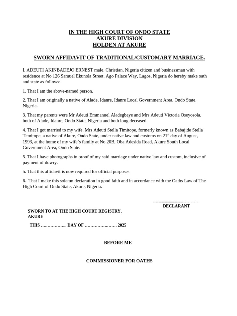 Sworn Affidavit of Traditional Marriage by Mr Ernest Adeuti | PDF