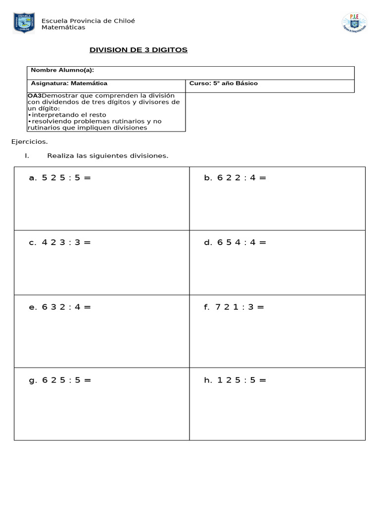 División de tres dígitos para 5° básico | PDF | Matemáticas