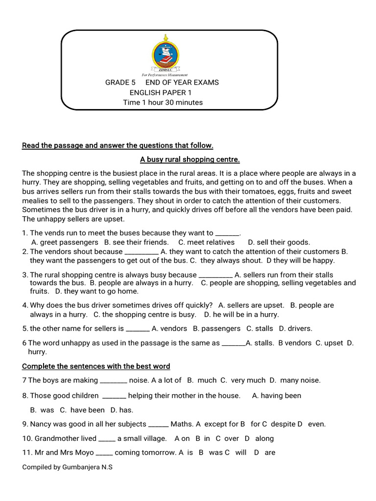 Grade 5 English Exam Paper 1 2022 | PDF | Bus
