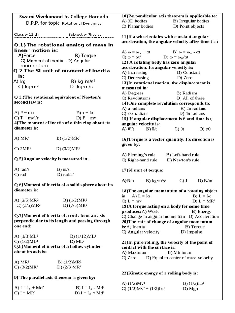 Rotational Dynamics DPP | PDF | Rotation Around A Fixed Axis | Torque
