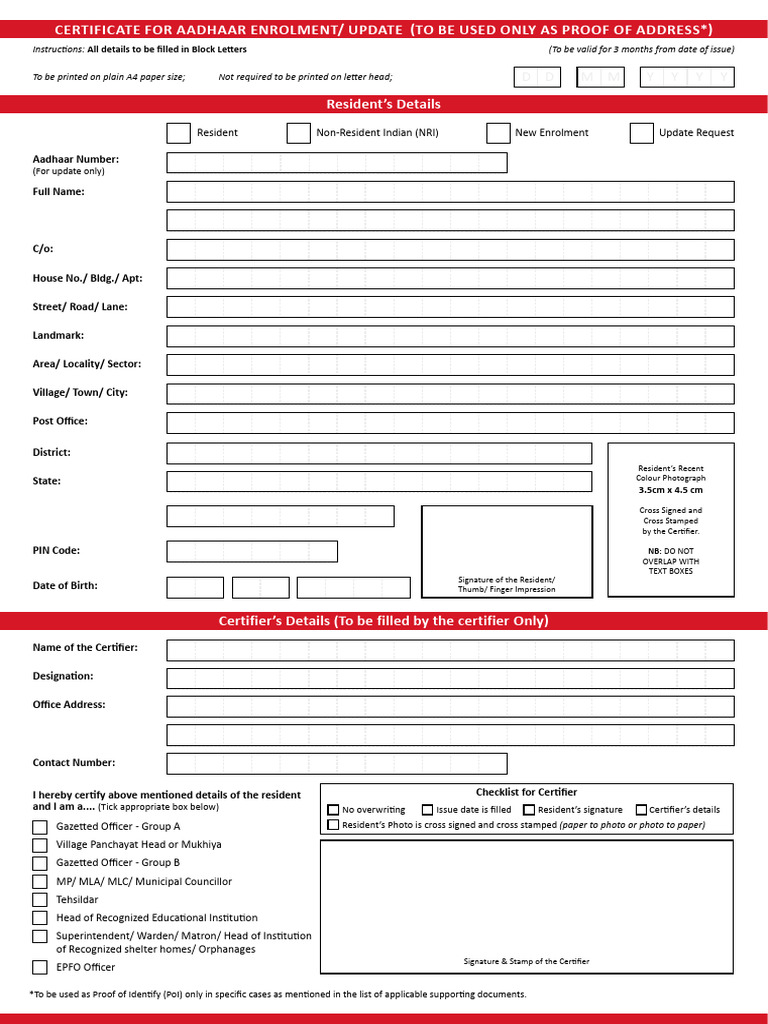 Certificate For Aadhaar Enrolment/ Update (To Be Used Only As Proof of ...