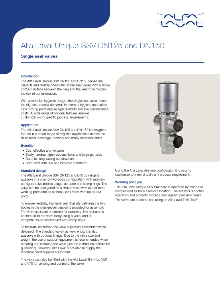 Alfa Laval Unique SSV Dn125 and Dn150 Ese00250en | PDF | Valve | Actuator