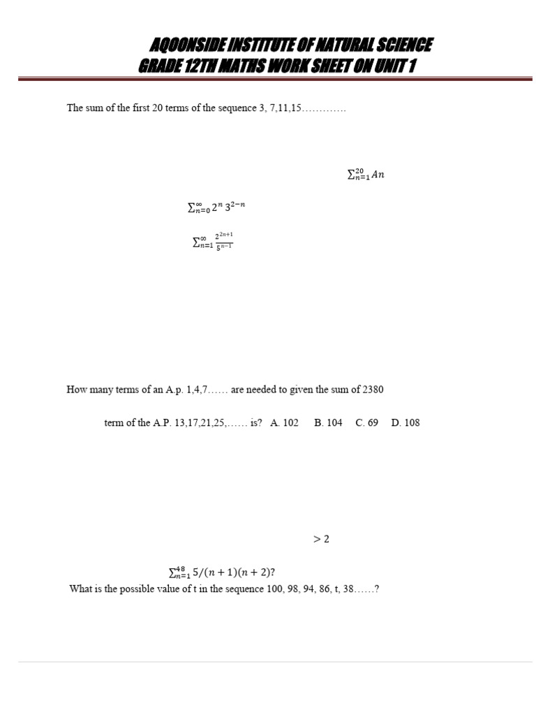 Grade 12 Maths Unit 1 Work Sheet Pdf Mathematical Analysis 5370
