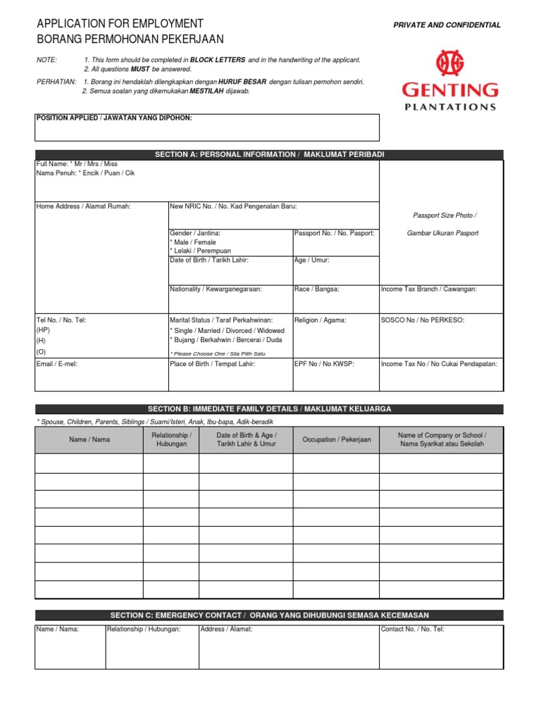 Application For Employment Borang Permohonan Pekerjaan: Section A ...