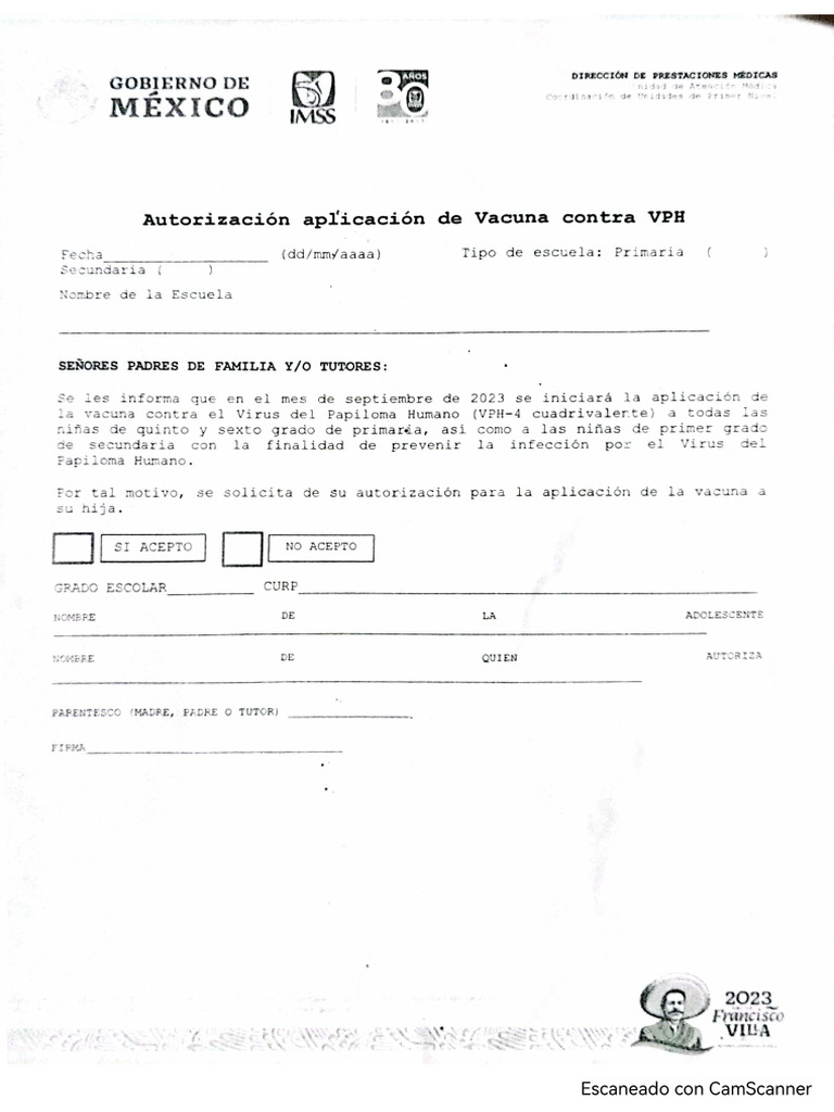 Autorizacion Aplicacion Vacuna VPH | PDF