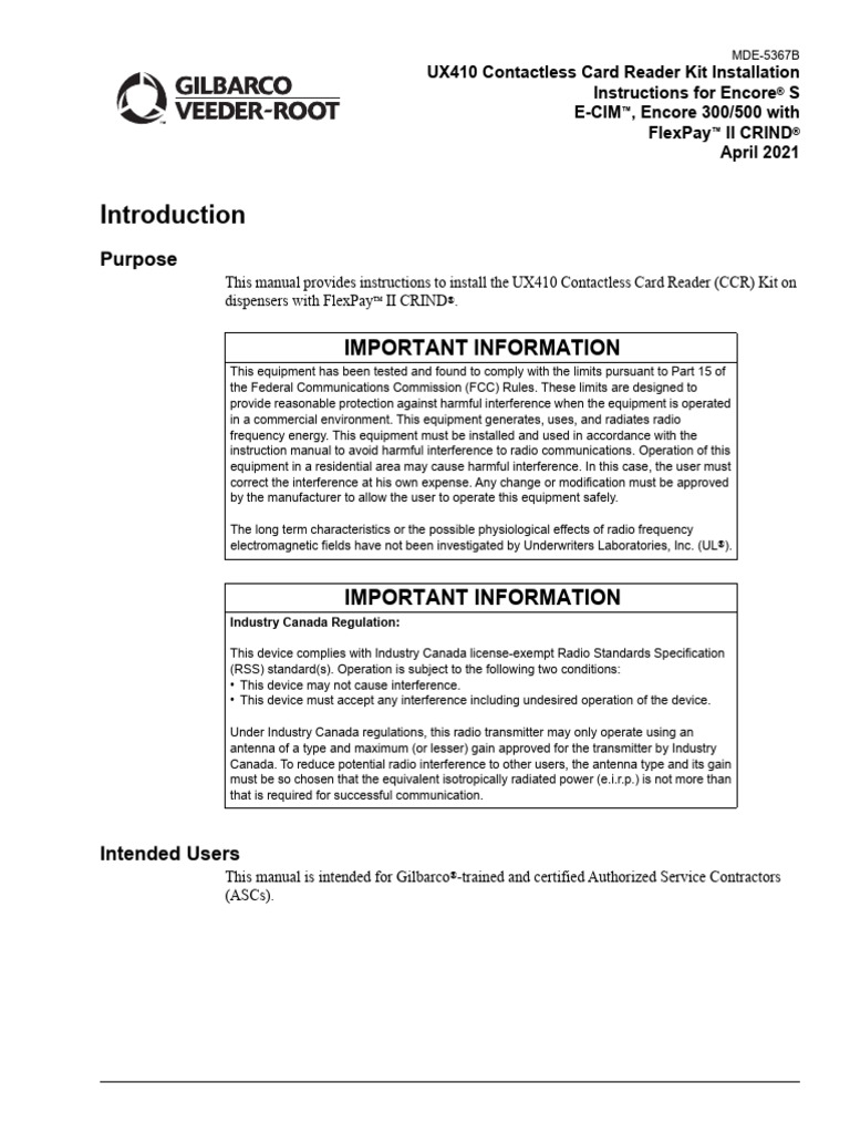 MDE-5367B UX410 Contactless Card Reader Kit Install Instructions For ...