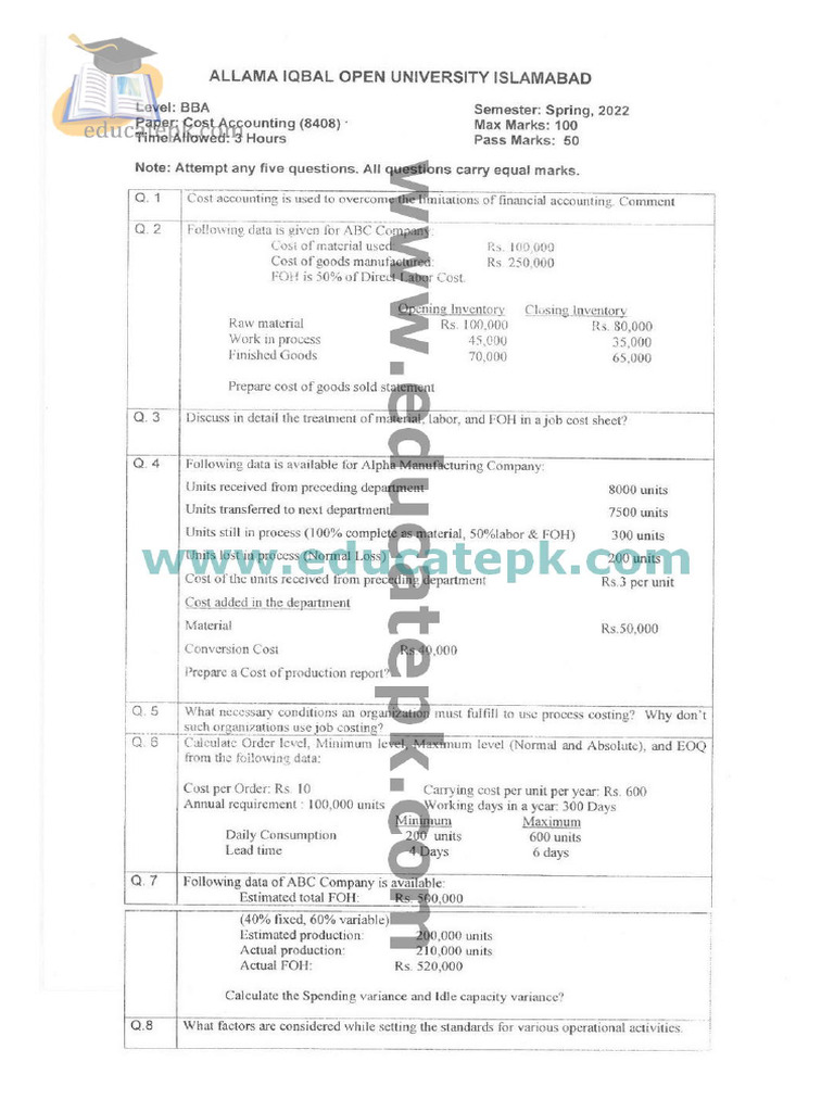 8408 Cost Accounting Past Pprs Pdf