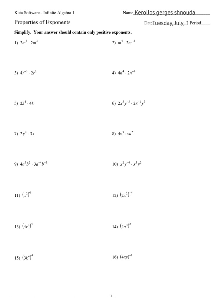 Properties of Exponents Worksheet | PDF
