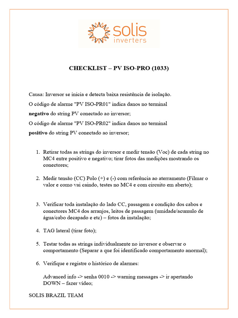 Checklist de Alarme PV ISO-PRO Solis | PDF