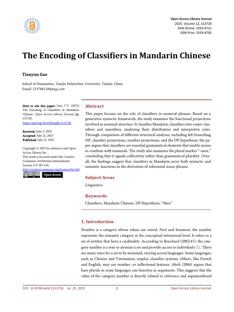 Encoding of Classifiers in Mandarin Chinese | PDF | Syntax | Phrase