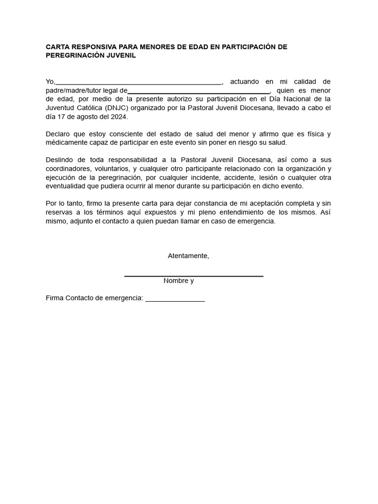 Carta Responsiva MENORES de EDAD | PDF