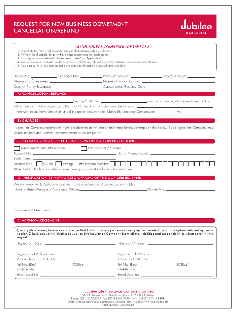 Surrender or Cancellation Request Form Jublilife Insurance | PDF | Life ...