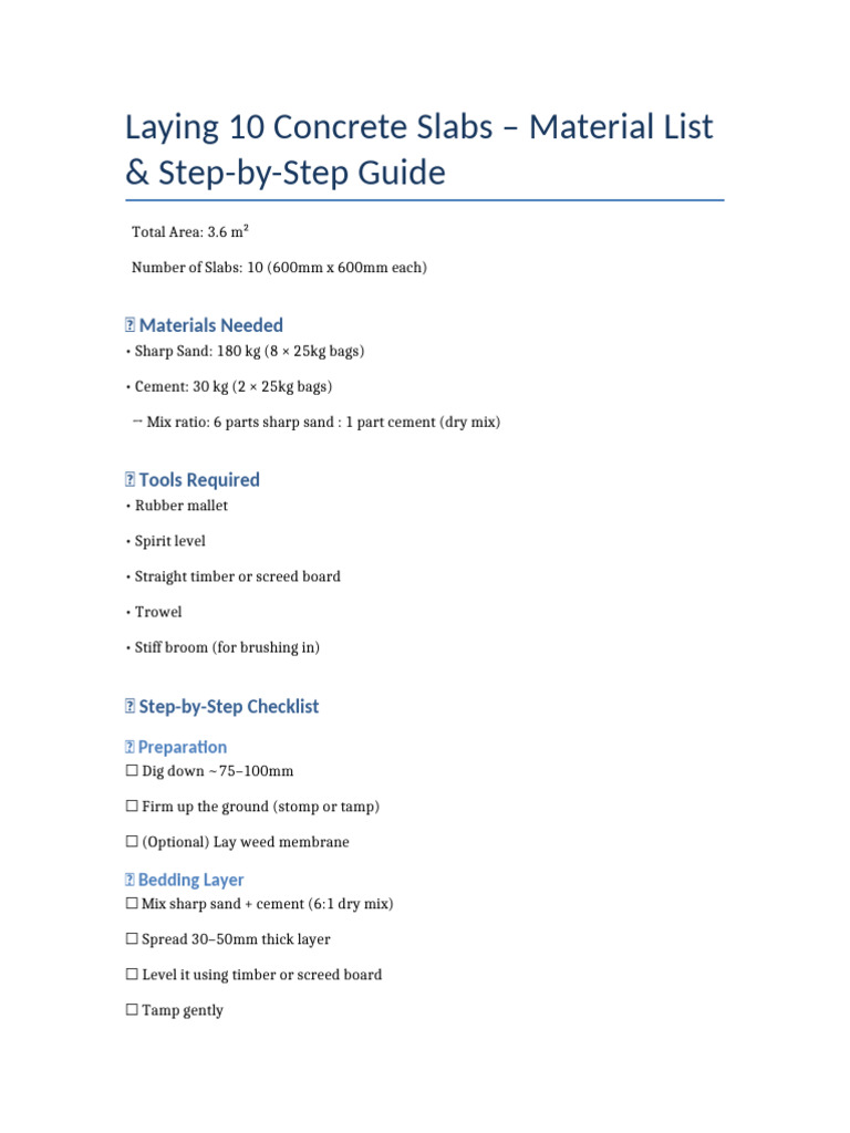 Laying 10 Slabs Checklist | PDF