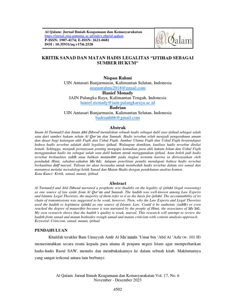 Kritik Sanad Dan Matan Hadis Legalitas I | PDF