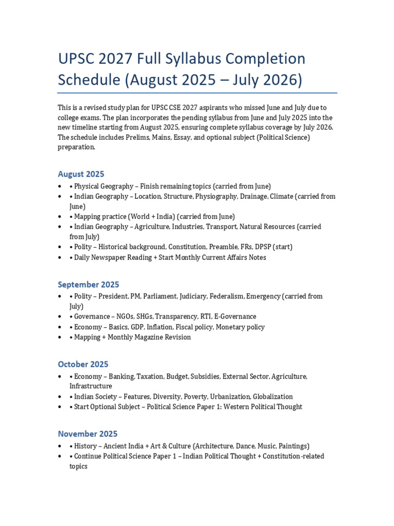 UPSC 2027 Exam Preparation Schedule | PDF | Economies | Natural Environment