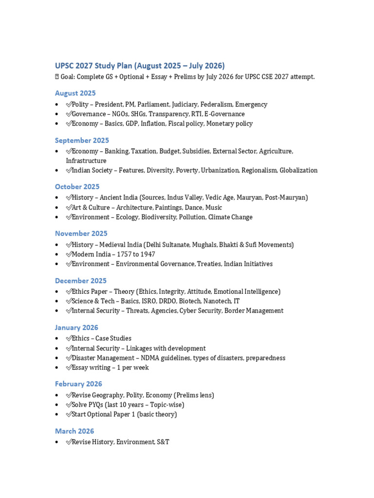 UPSC 2027 Study Plan Overview | PDF