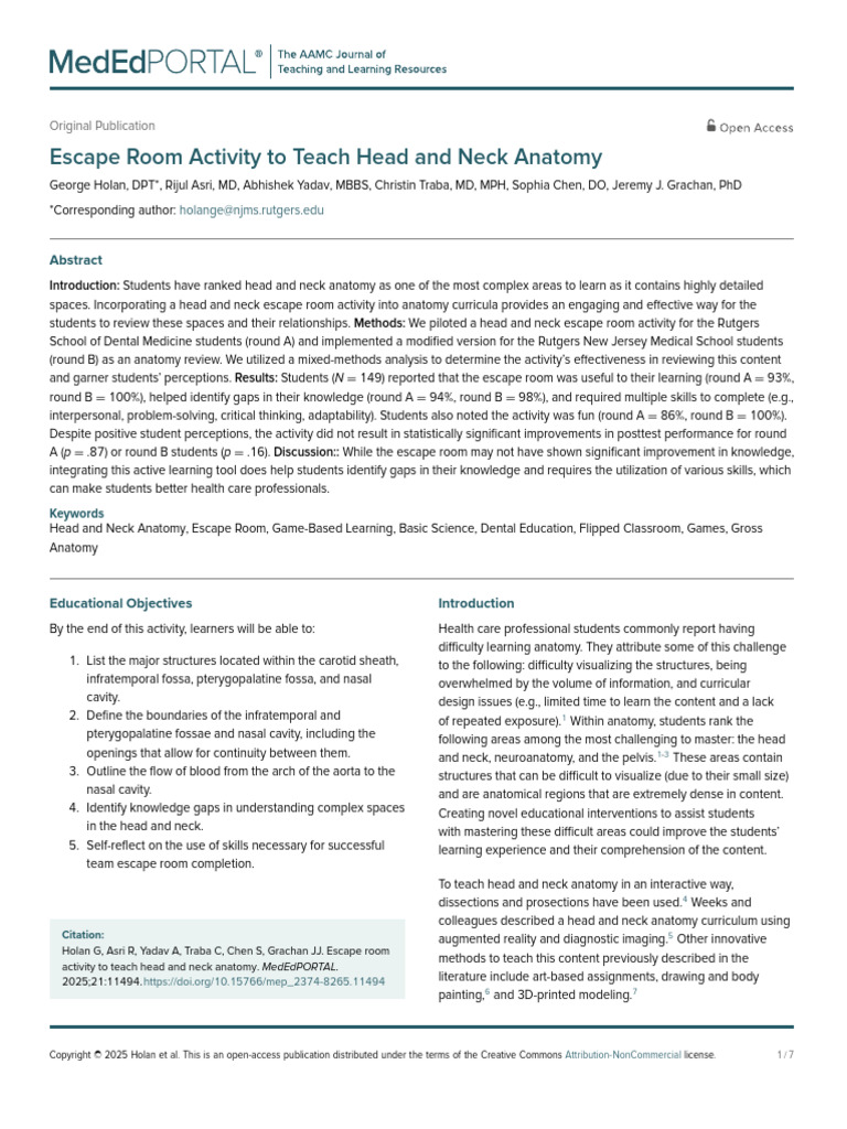 Escape Room Activity To Teach Head and Neck Anatom | PDF | Curriculum