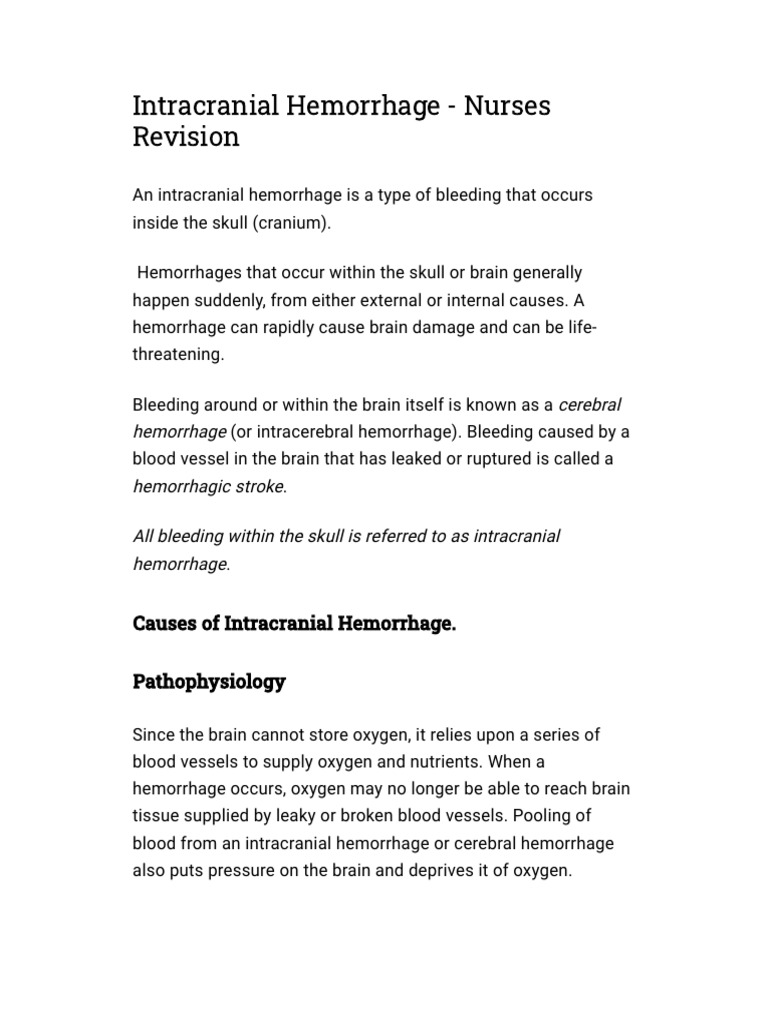 Intracranial Hemorrhage Overview for Nurses | PDF | Human Diseases And ...