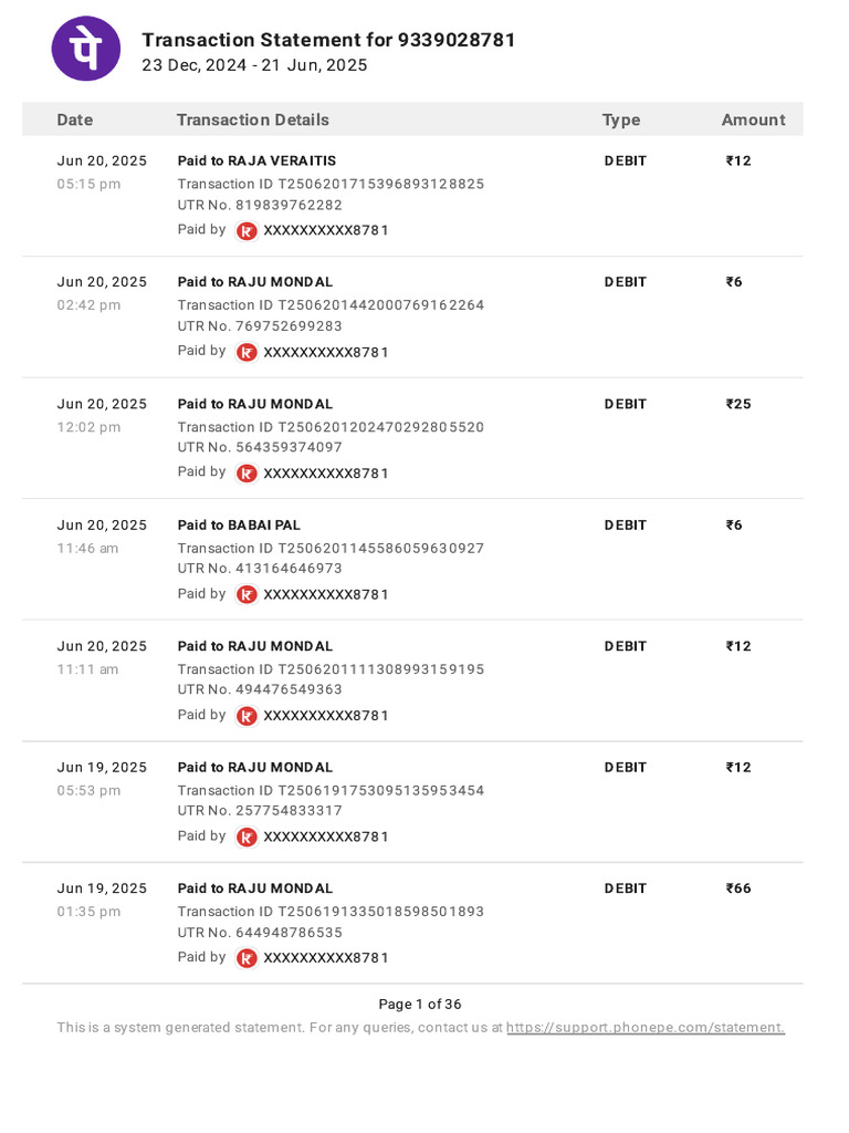 PhonePe Statement Dec2024 Jun2025 | PDF | Debit Card | Debits And Credits