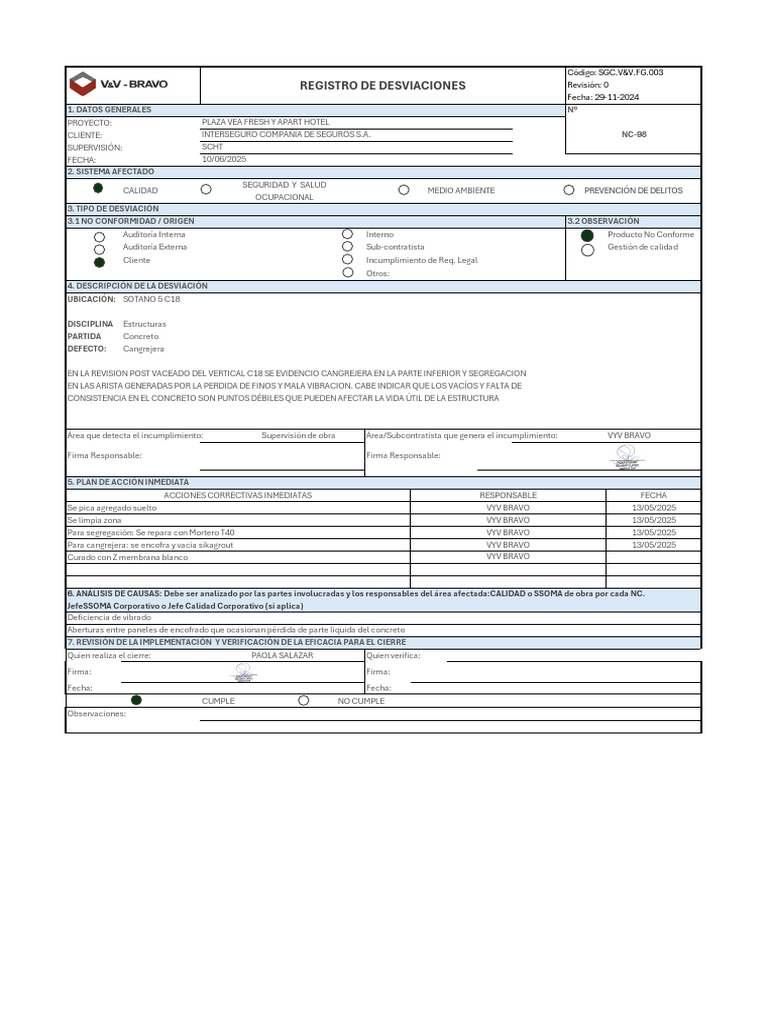 Rpta. NC 98 Rpta Vyv Bravo | PDF | Sistema de manejo de calidad