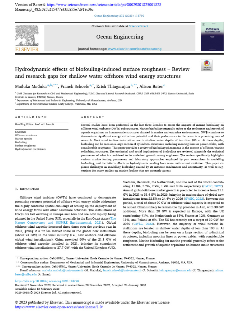 Hydrodynamics of Biofouling on OWTs | PDF | Offshore Wind Power | Habitat