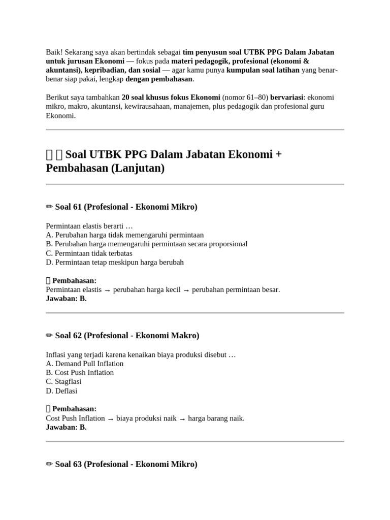 Soal UTBK PPG Dalam Jabatan Ekonomi + Pembahasan | PDF