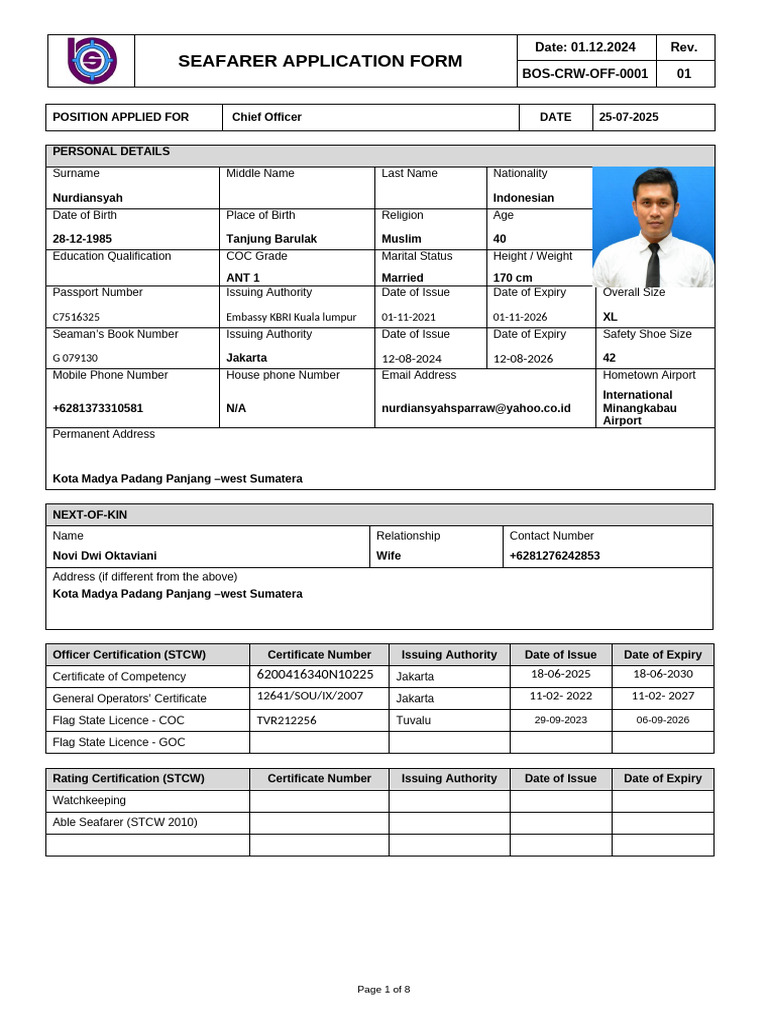 Seafarer Application Form for Chief Officer | PDF | Shipping