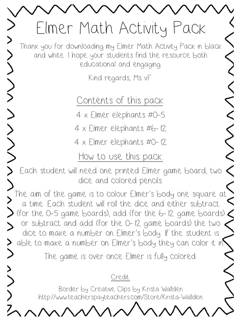 Elmer Math Activity Pack: Contents of This Pack | PDF