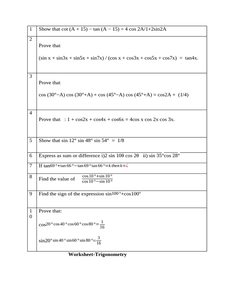 Trigo Worksheet | PDF