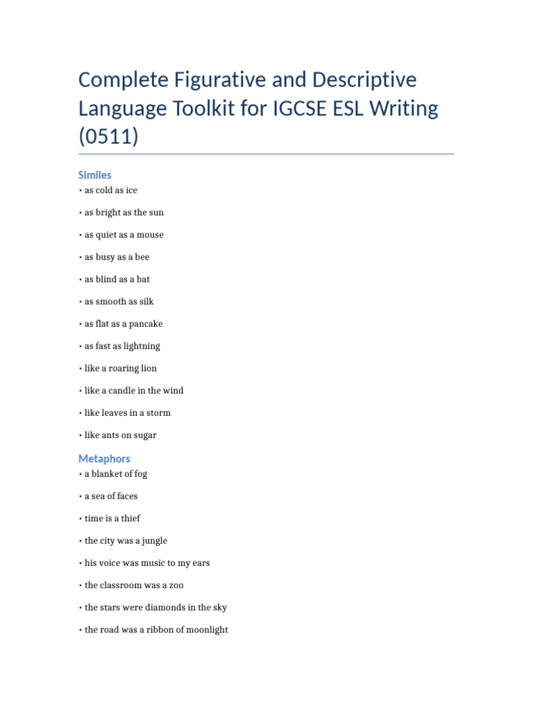 IGCSE ESL Descriptive Writing Language Toolkit | PDF