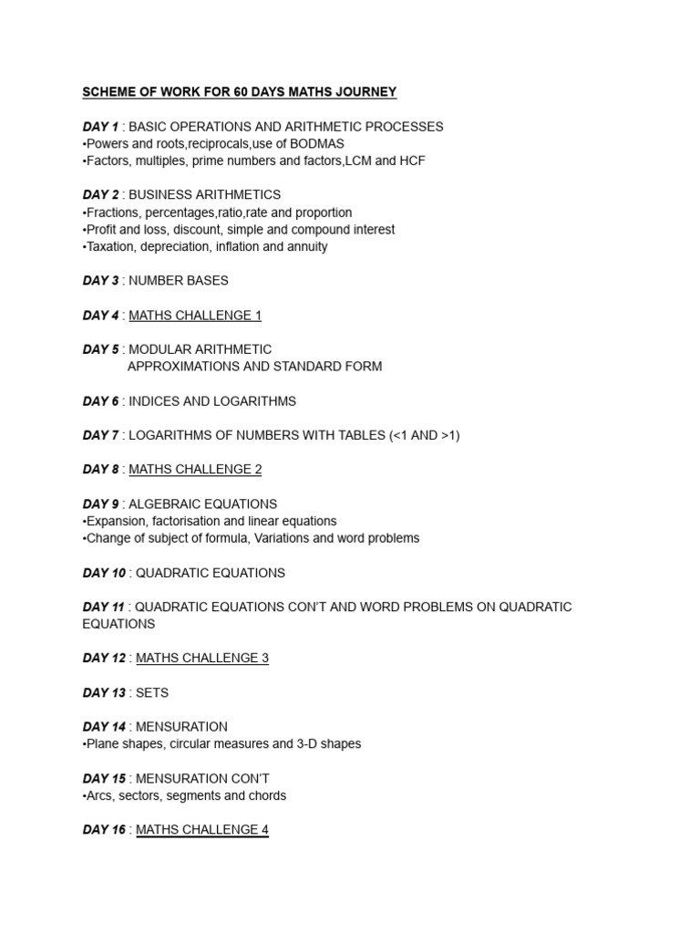 Scheme of Work For 60 Days Maths Journey | PDF | Mathematics | Sphere