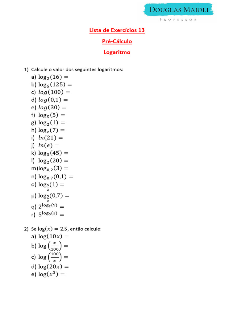 Lista 13 de Pré-Cálculo - Logaritmo | PDF