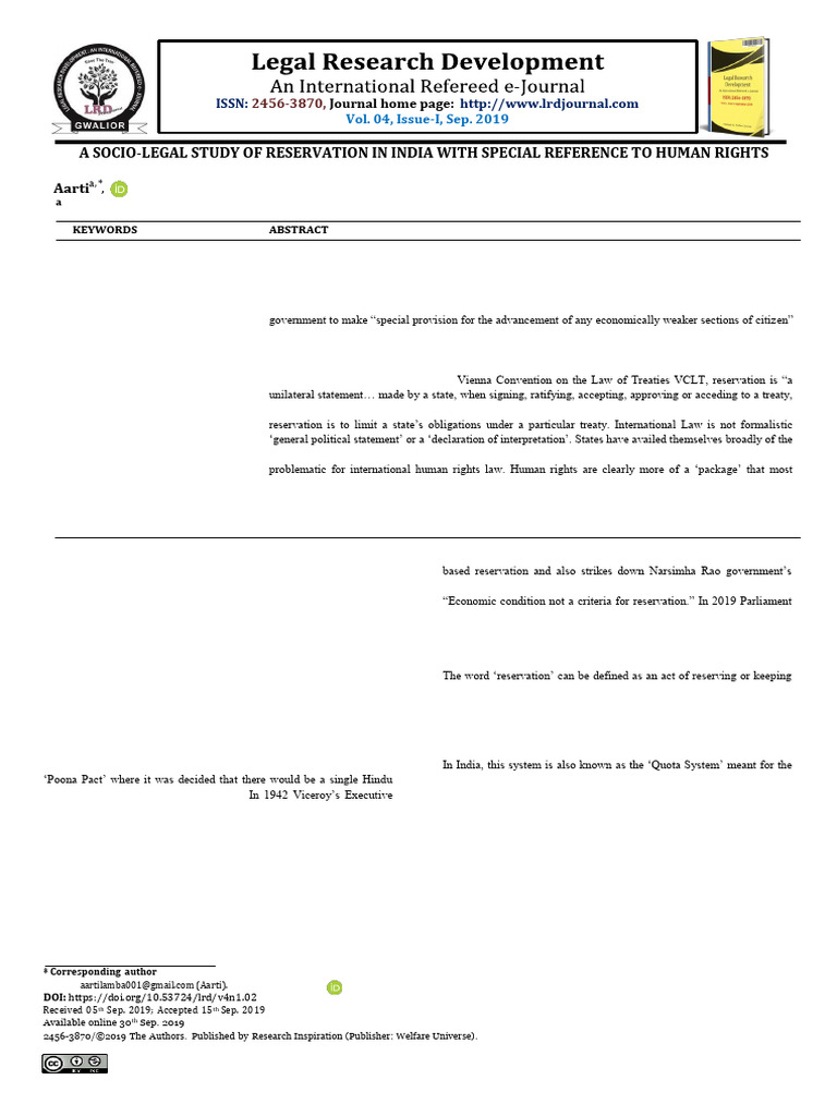 Socio-Legal Study of Reservation in India | PDF | Dalit | Treaty