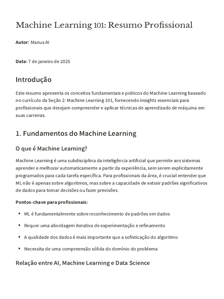 Machine Learning 101 Resumo Profissional | PDF | Aprendizado de máquina | Ciência de Dados