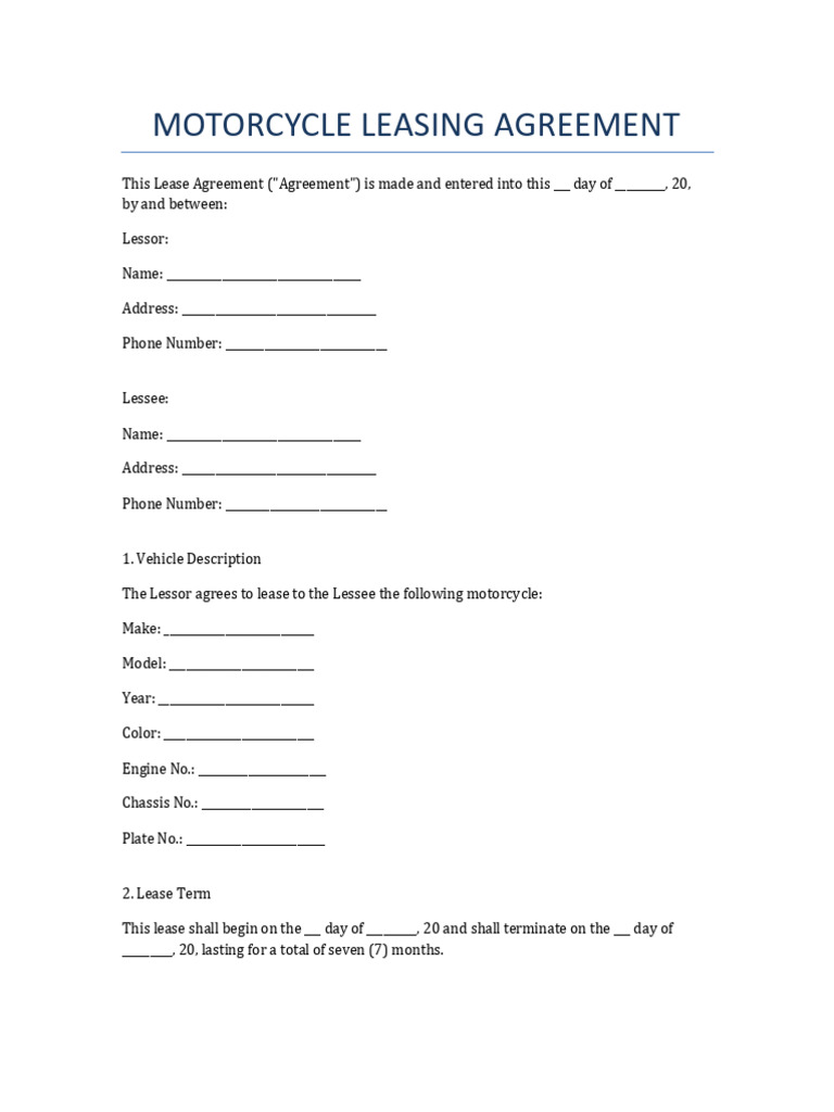Motorcycle Leasing Agreement Template | PDF